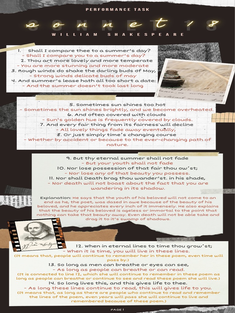 S O N N E T 1 8: Performance Task | PDF | Poetry | Poetic Form