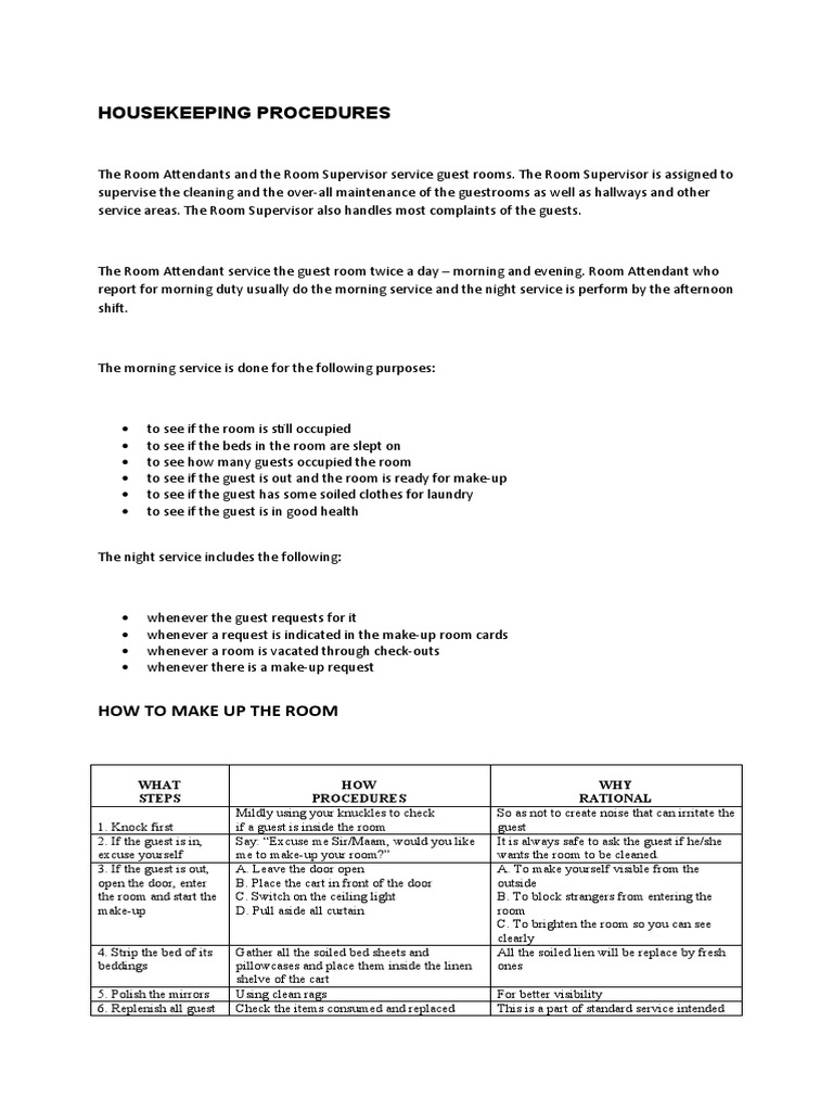 Housekeeping Procedures, SOPs | PDF | Bed | Shower