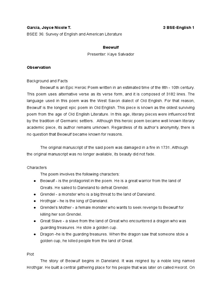 Beowulf - Observation, Interpretation & Reflection | PDF | Beowulf ...