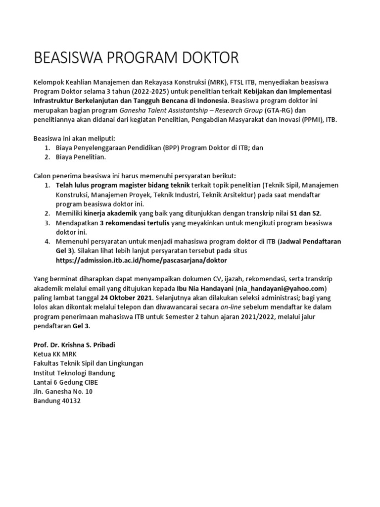 Beasiswa Doktor Teknik Sipil ITB | PDF