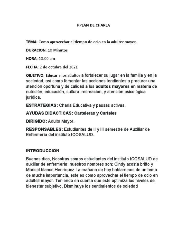 Plan de Charla Adulto Mayor Cindy para Docente | PDF | Adultos | Vejez