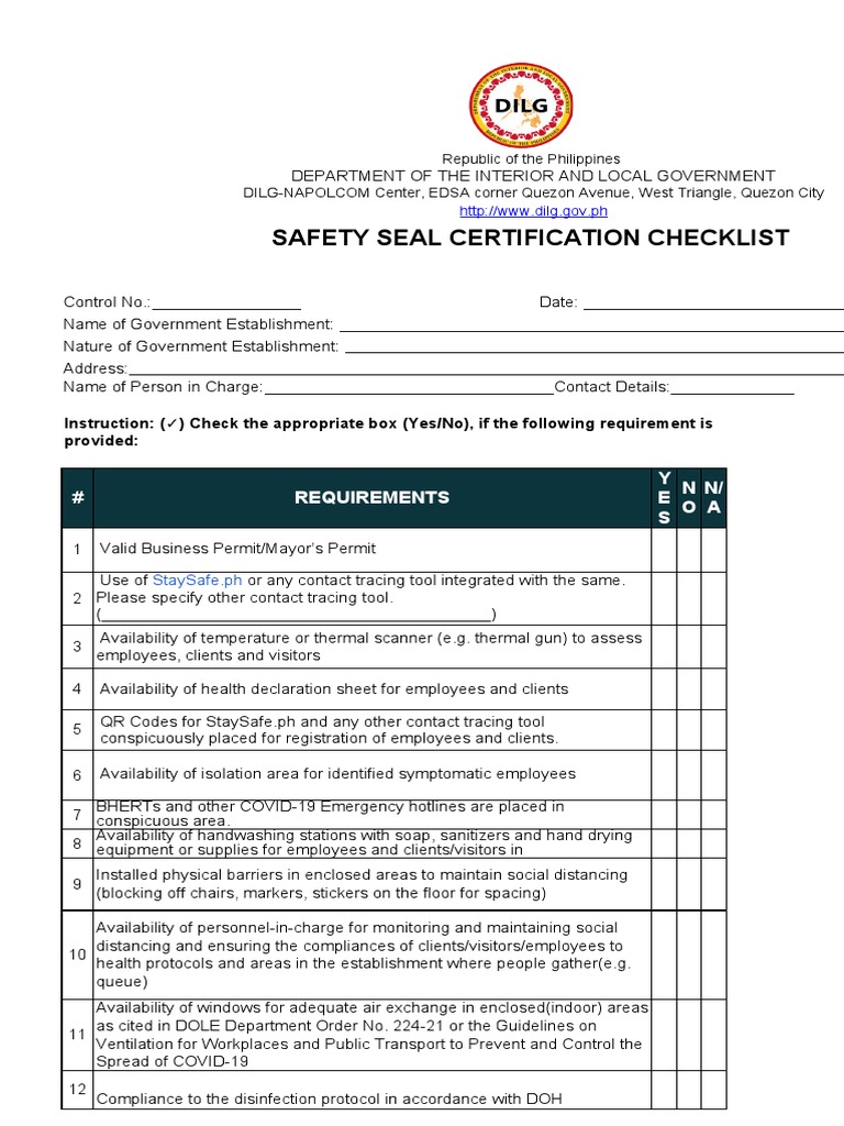 Safety Seal Certification Checklist: # Requirements Y E S N O N/ A ...