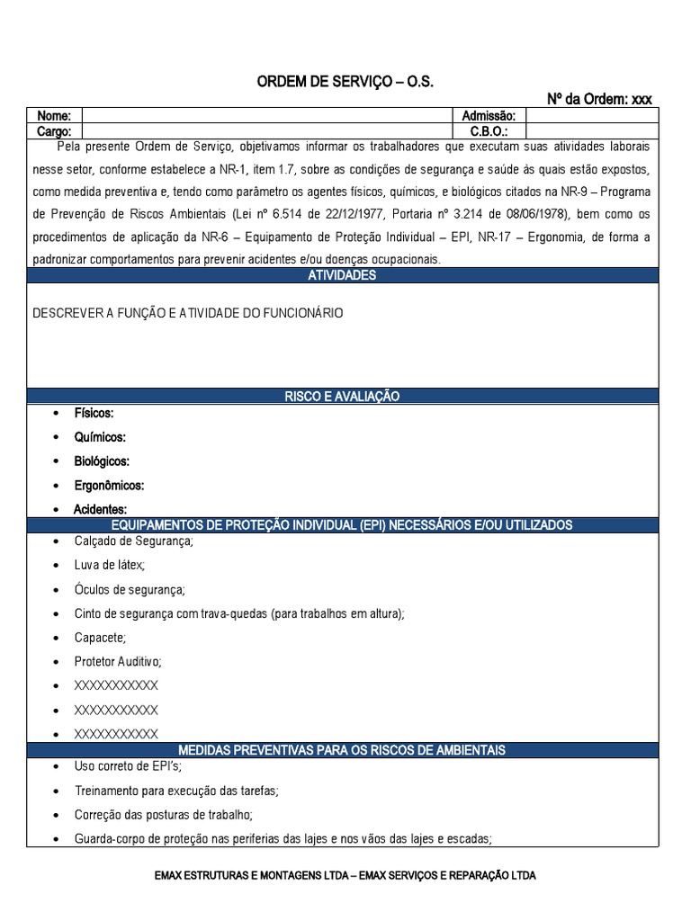 Ordem de Serviço NR-1: Segurança do Trabalho | PDF | Eletricista ...