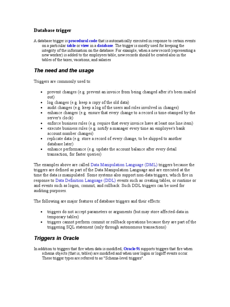 Database Trigger The Need And The Usage Pdf Database Index Subroutine