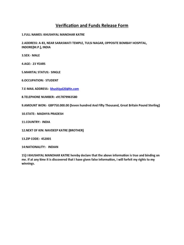 Verification and Funds Release Form | PDF