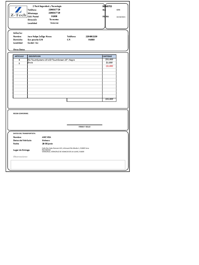 Planilla de Excel para Confeccion de Remito | PDF