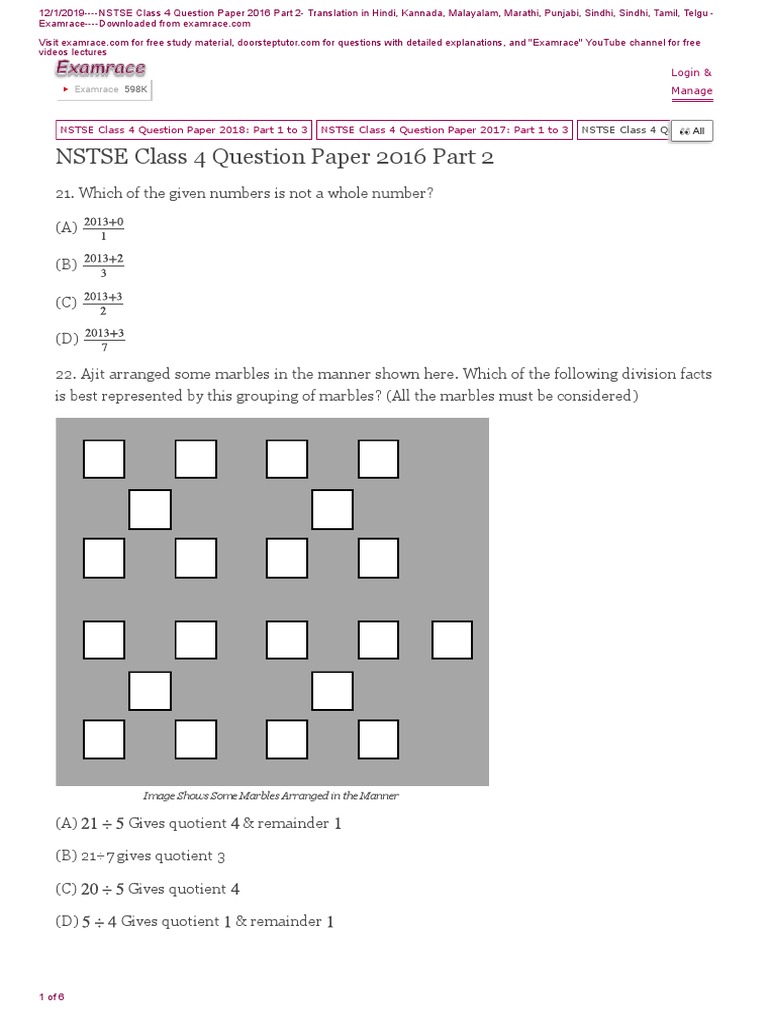 NSTSE Class 4 Question Paper 2016 Part 2: Examrace | PDF | Tooth
