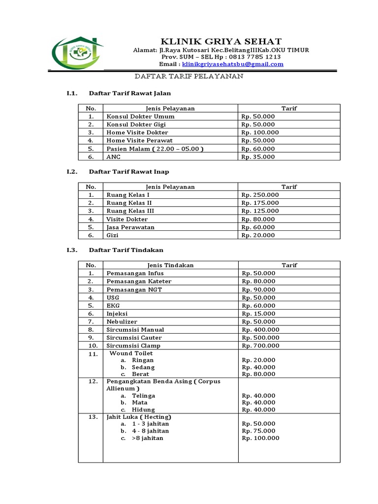 Daftar Tarif | PDF | Griya & Taman