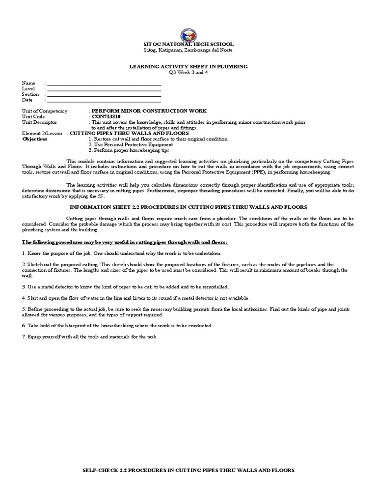 Q3 WK 3 and 4 Learning Activity Sheets in Plumbing 2021 For 10 and 12 ...
