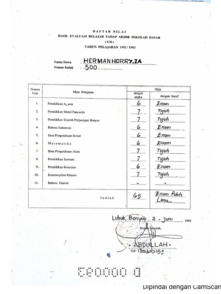 Transkrip Nilai SD | PDF