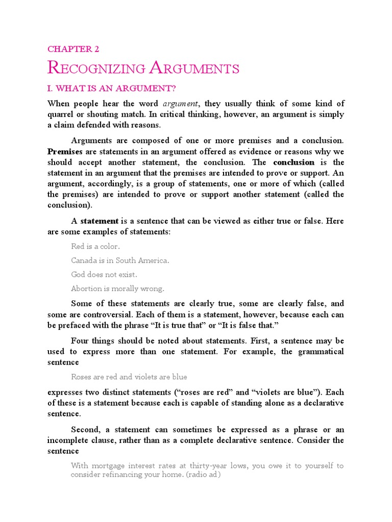 CHAPTER 2 Recognizing Arguments - From Material | PDF | Argument | Reason