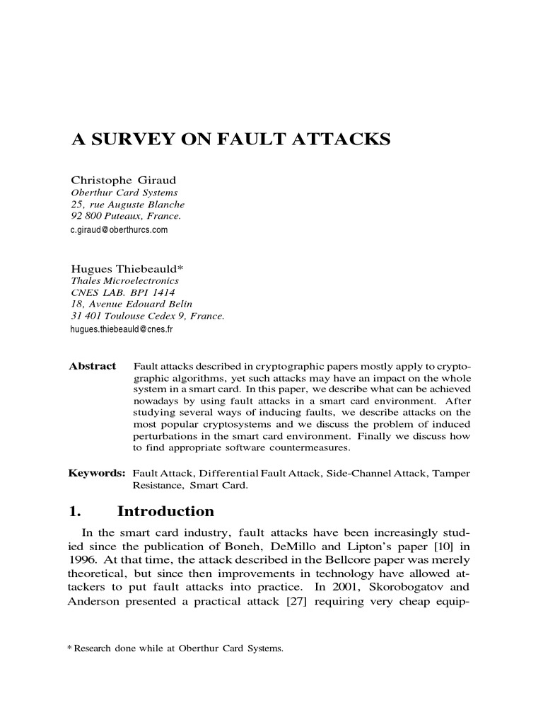 A Survey On Fault Attacks: Oberthur Card Systems 25 Rue Auguste Blanche ...