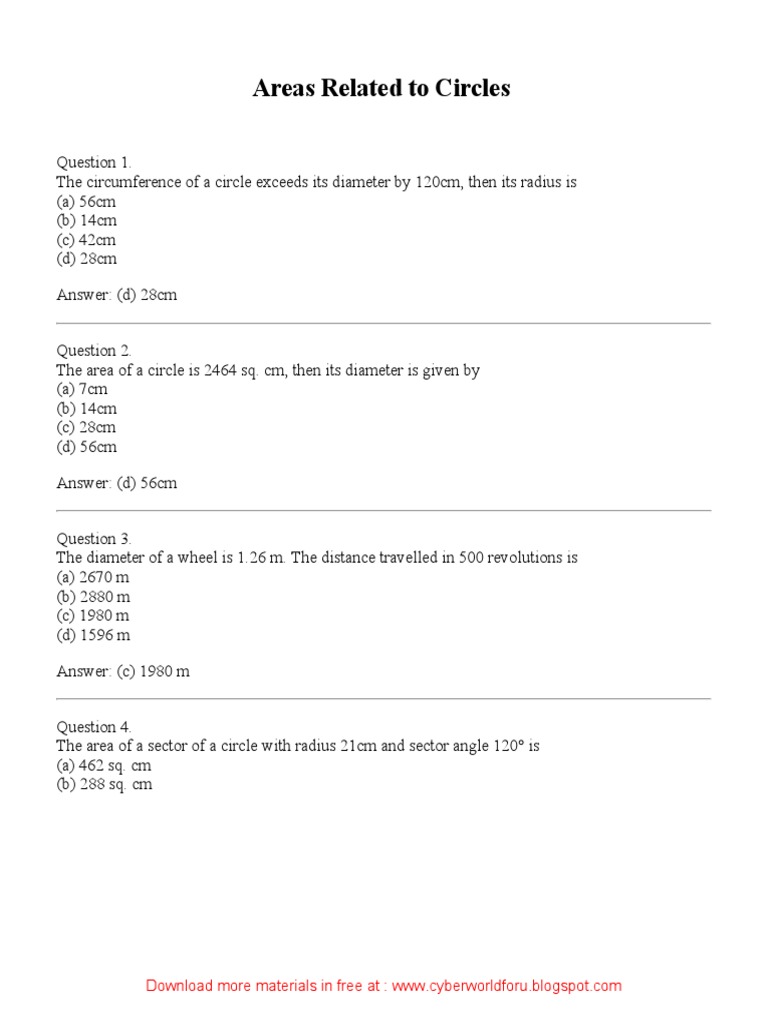 MCQs on Circle Area and Properties | PDF | Area | Circle