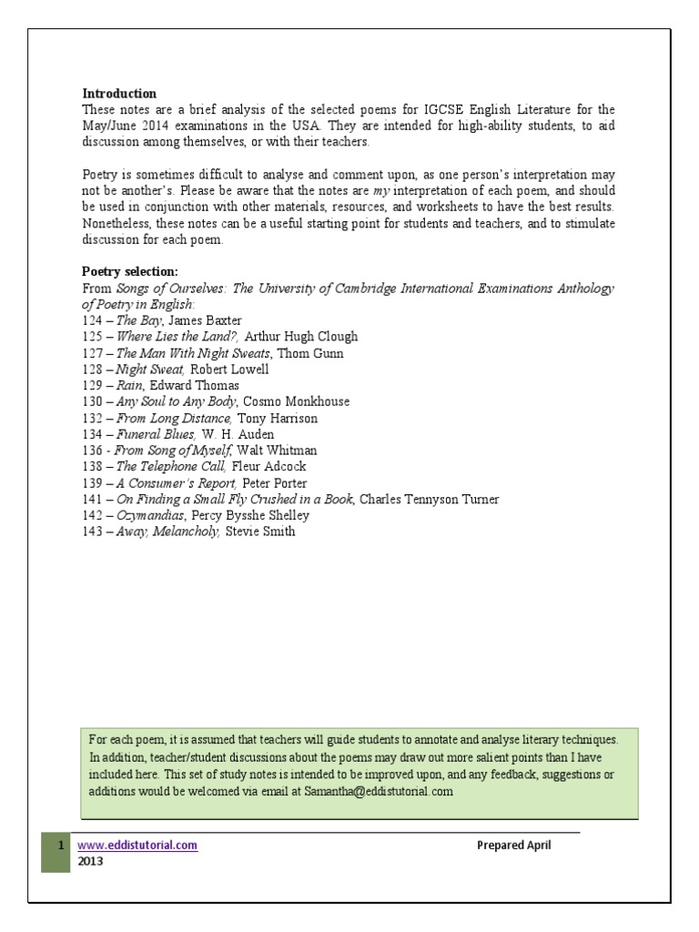Igcse Poetry Notes | PDF | Poetry | Metre (Poetry)