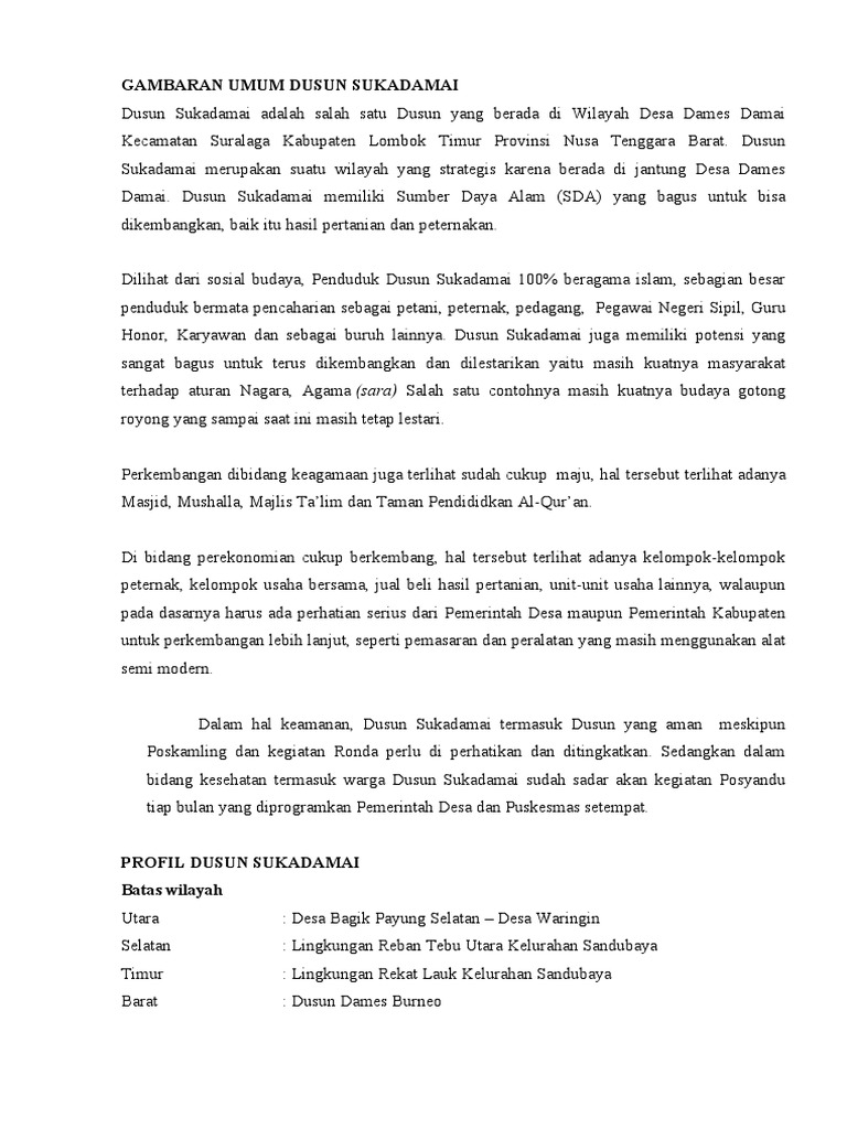 Profil Dusun Sukadamai | PDF | Ilmu Sosial