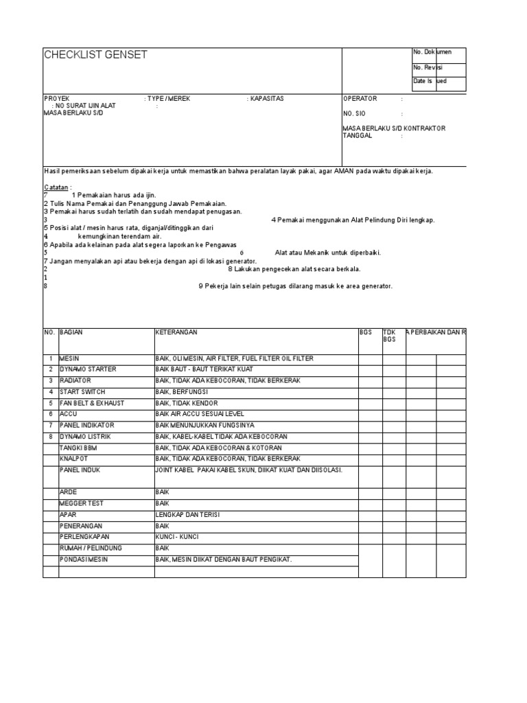 Form Checklist Inspeksi Genset PDF Free | PDF