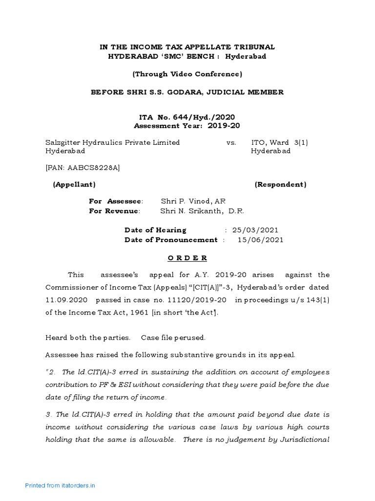 Salzgittar Hydraulics ITAT Order | PDF | Appeal | Government