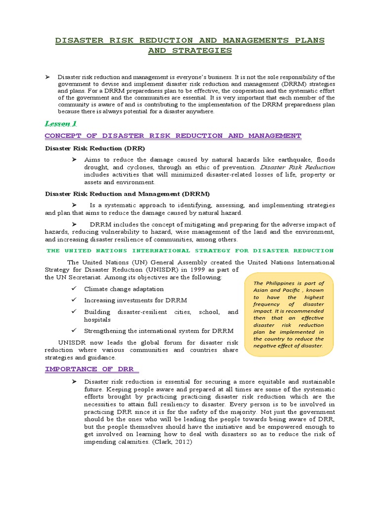 Disaster Risk Reduction and Managements Plans and Strategies | PDF ...