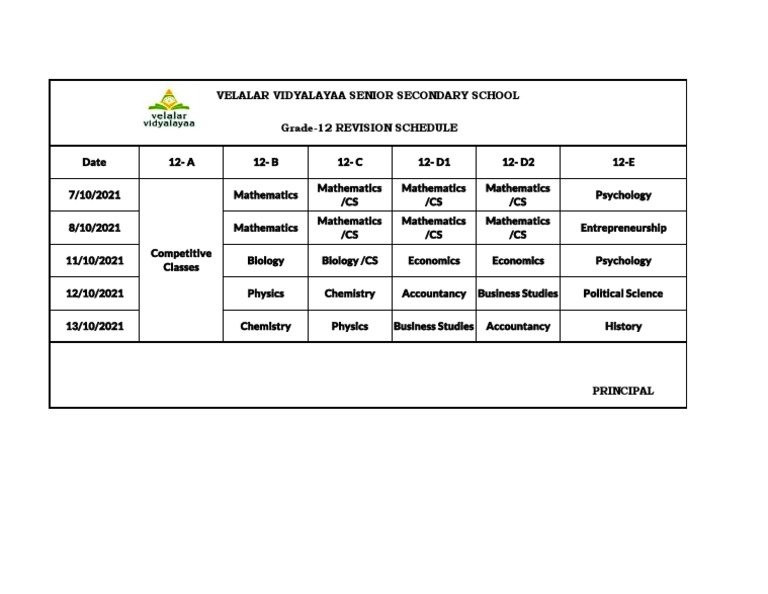Grade 12 Revision Schedule for Velalar Vidyalayaa Senior Secondary ...