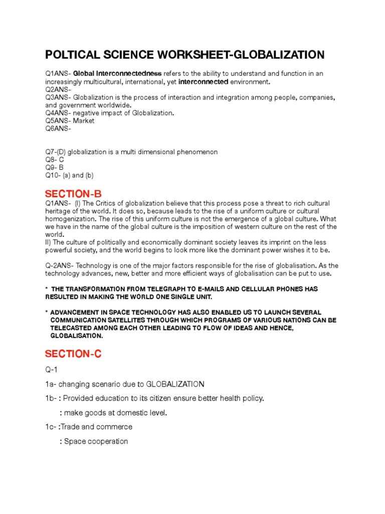 Poltical Science Worksheet-Globalization: Section-B | PDF ...