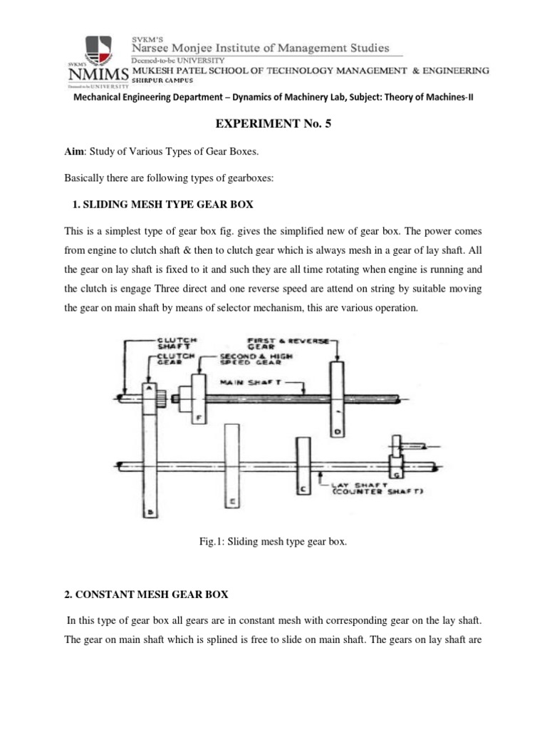 Experiment No. 5: Aim: Study of Various Types of Gear Boxes | PDF ...