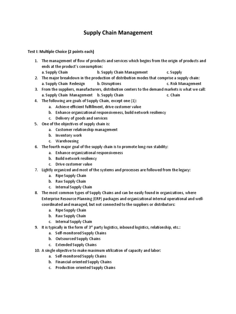 Supply Chain Management Test I Multiple Choice 2 Points Each Pdf