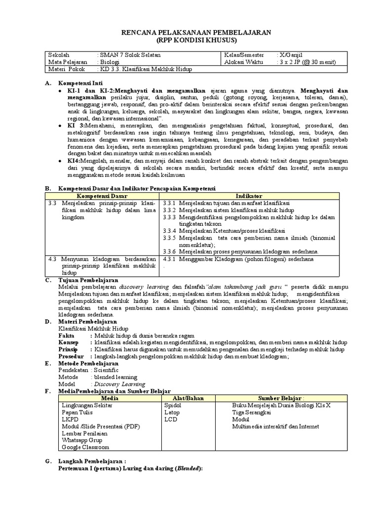 RPP Bio - Klasifikasi Makhluk Hidup - 1 LBR | PDF