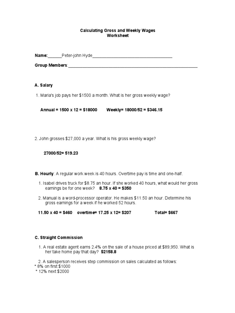 Wages Worksheet | PDF | Overtime | Piece Work