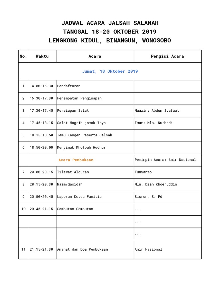 Jadwal Acara Jalsah | PDF