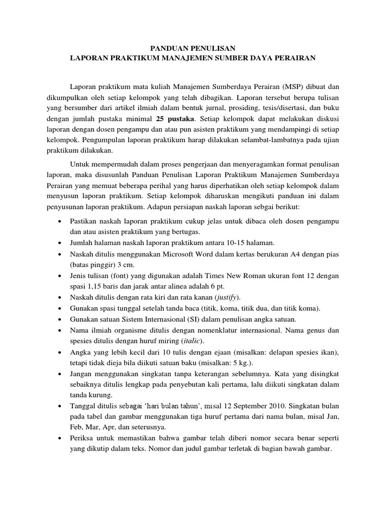 Panduan Penulisan Laporan Praktikum Manajemen Sumberdaya Perairan | PDF
