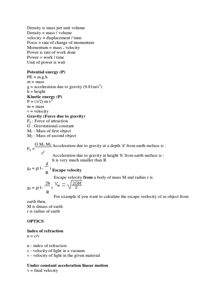 Physics Class 9 Formulas | PDF | Capacitor | Velocity