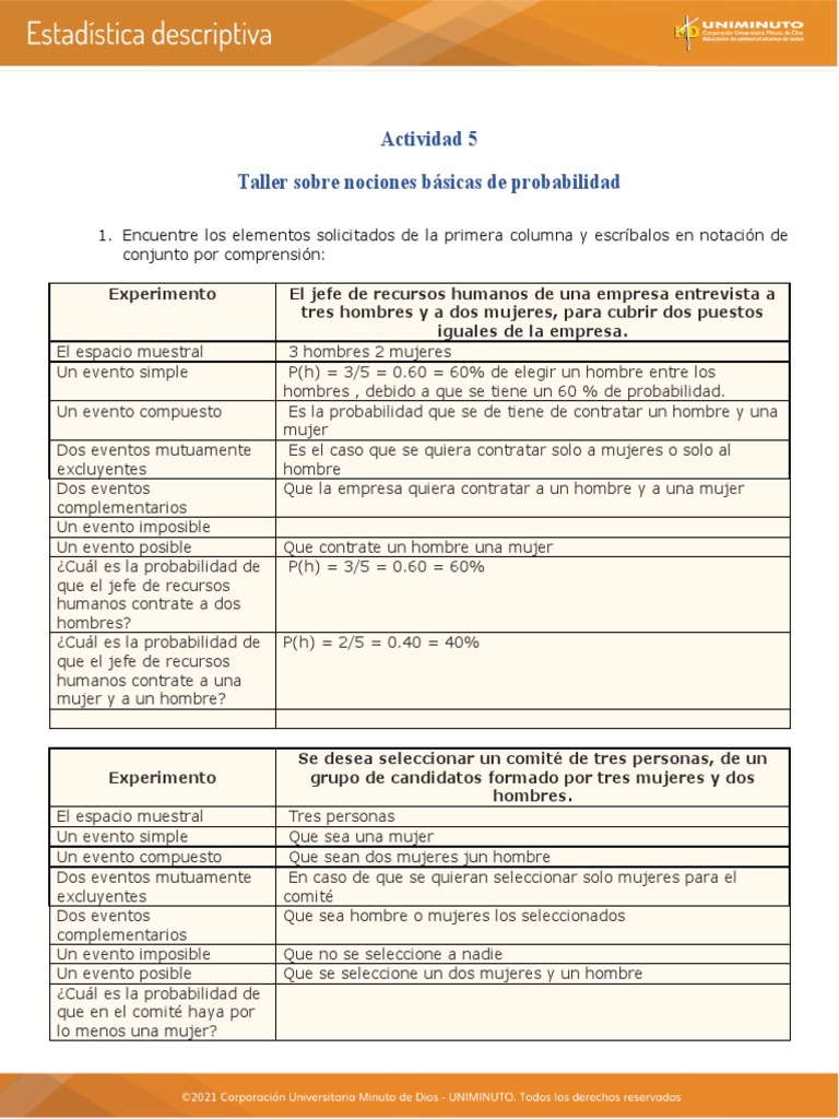 TALLER 5 ESTADISTICA Danilo | PDF | Probabilidad | Probabilidades y estadísticas