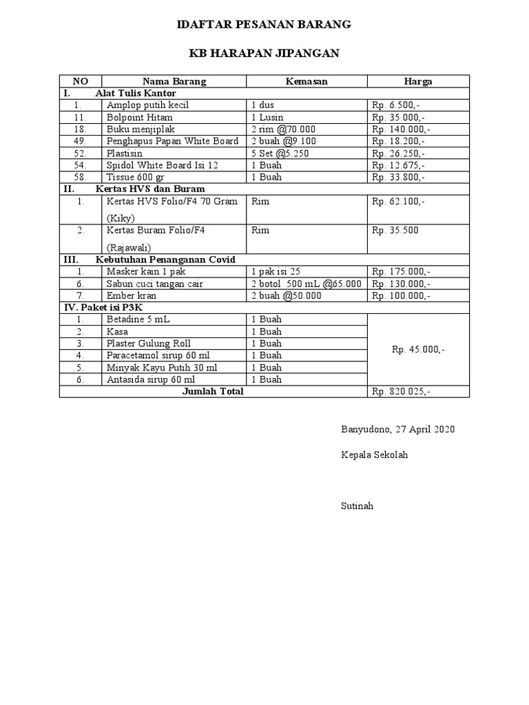 Daftar Pesanan Barang Sekolah | PDF