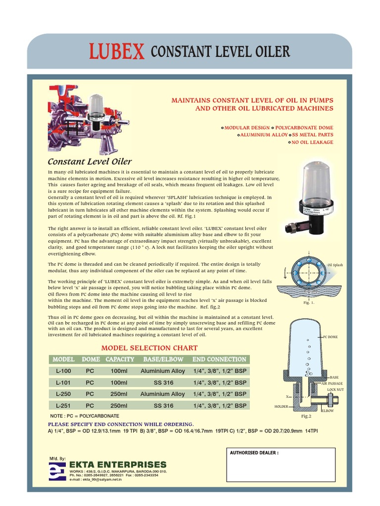 10 Ekta Constant Level Oiler Page 1 | PDF | Lubricant | Mechanical Engineering