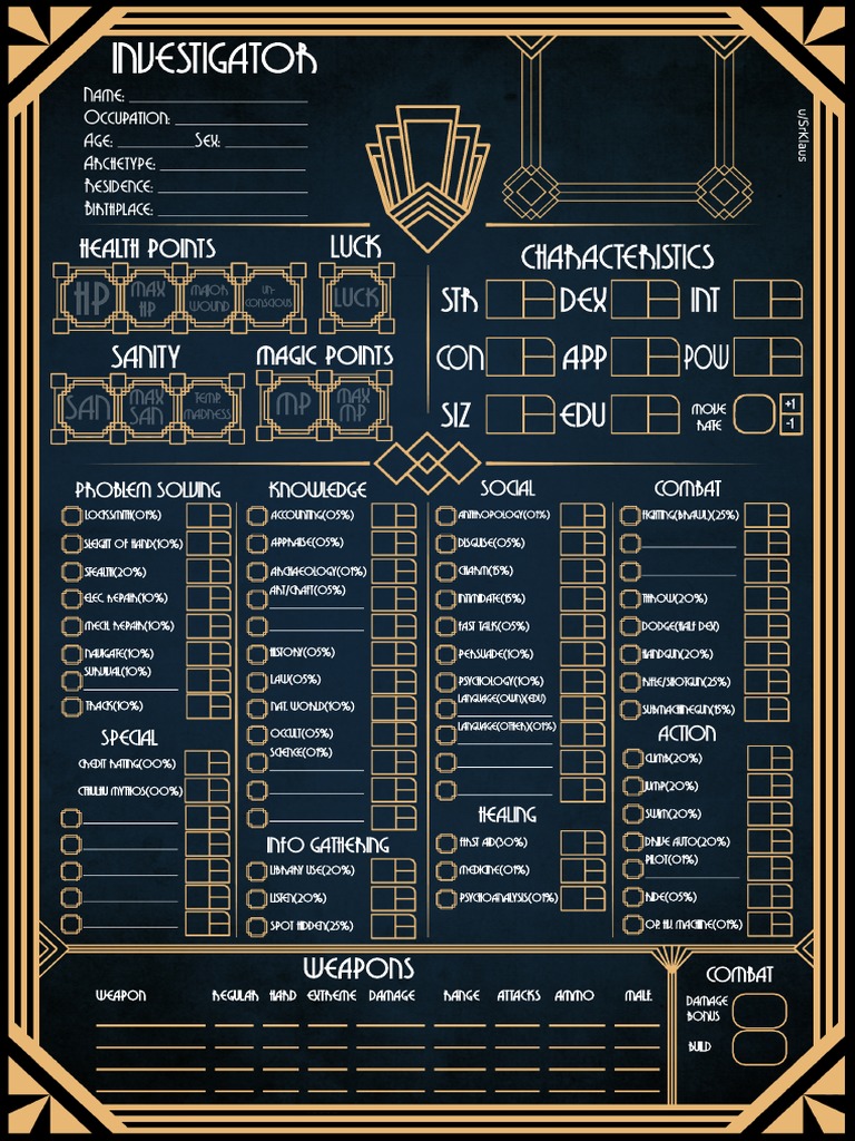 CoC Art Deco Character Sheet | PDF