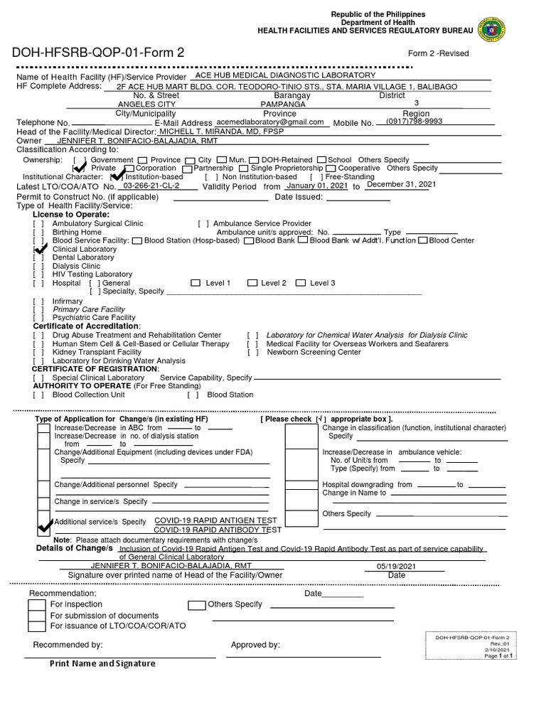 DOH-HFSRB Form 2 for Health Facilities | PDF | Clinic | Medical Laboratory