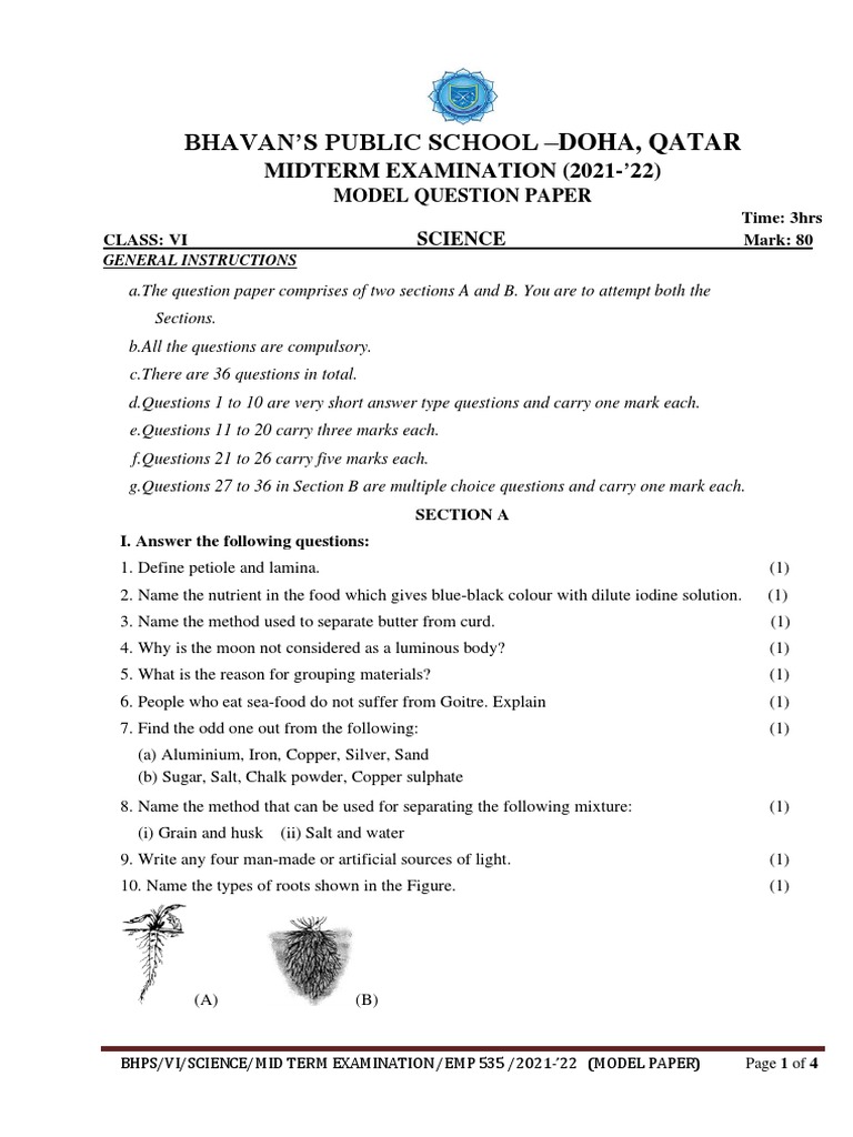 Class VI Science Midterm Exam 2021-22 | PDF | Solubility | Water