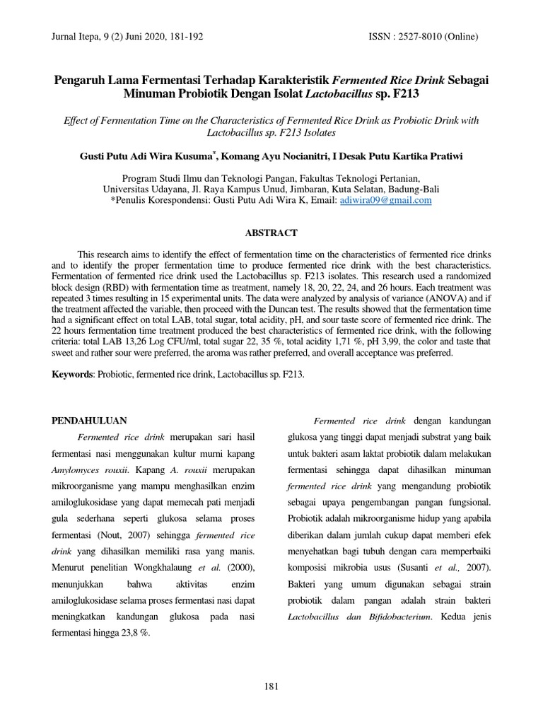 Pengaruh Lama Fermentasi Terhadap Karakteristik Fermented Rice Drink Sebagai Minuman Probiotik ...
