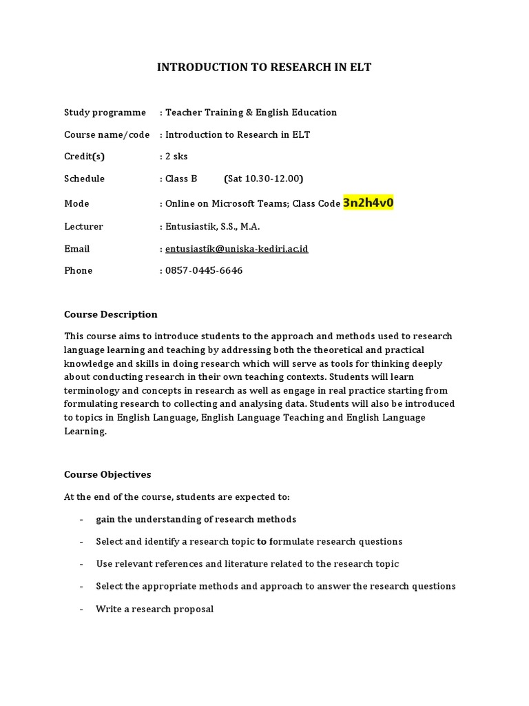 Intro To Research in ELT SYLLABUS | PDF | Learning | Evaluation