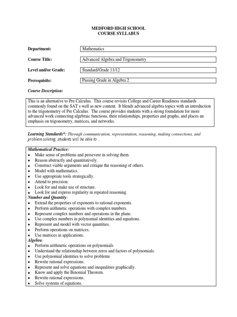 Advanced Algebra and Trigonometry Syllabus | PDF | Trigonometric ...