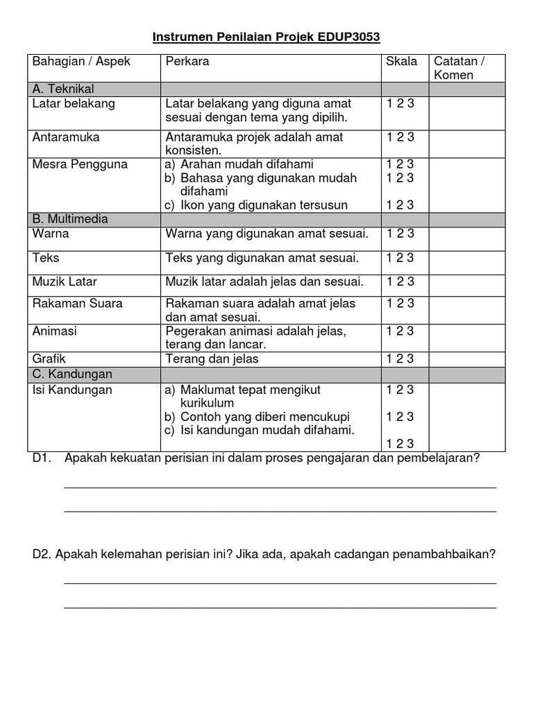Instrumen Penilaian Projek EDUP3053 | PDF