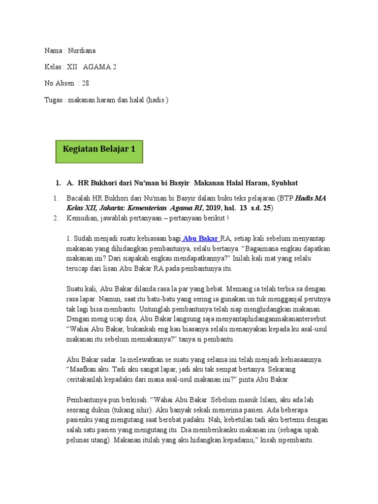 HADIS Makanan Halal & Haram Nurdiana XII AGM 2 | PDF | Memasak, Makanan ...