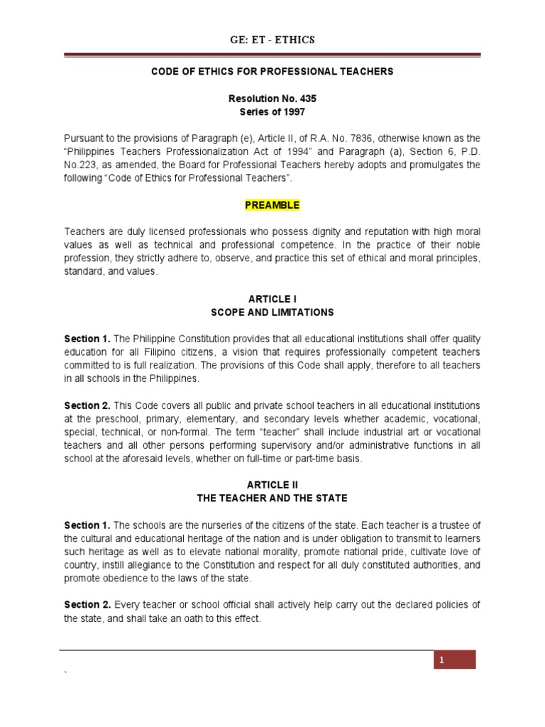 Code of Ethics For Professional Teachers | PDF | Teachers | Profession