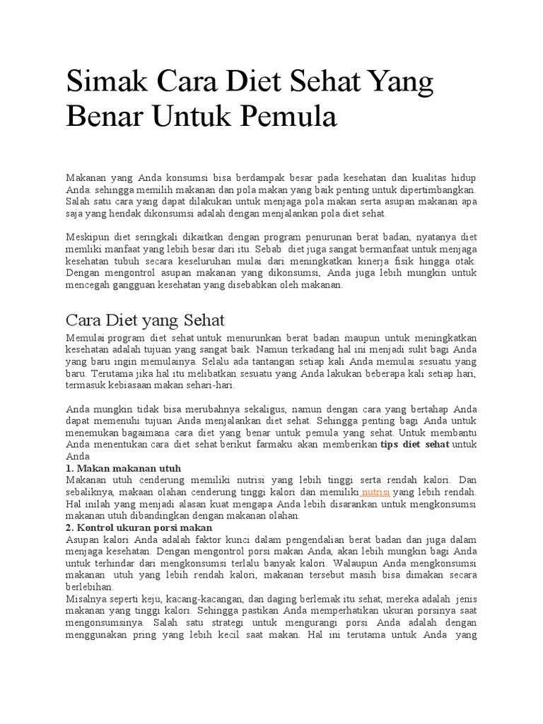 Simak Cara Diet Sehat Yang Benar Untuk Pemula | PDF