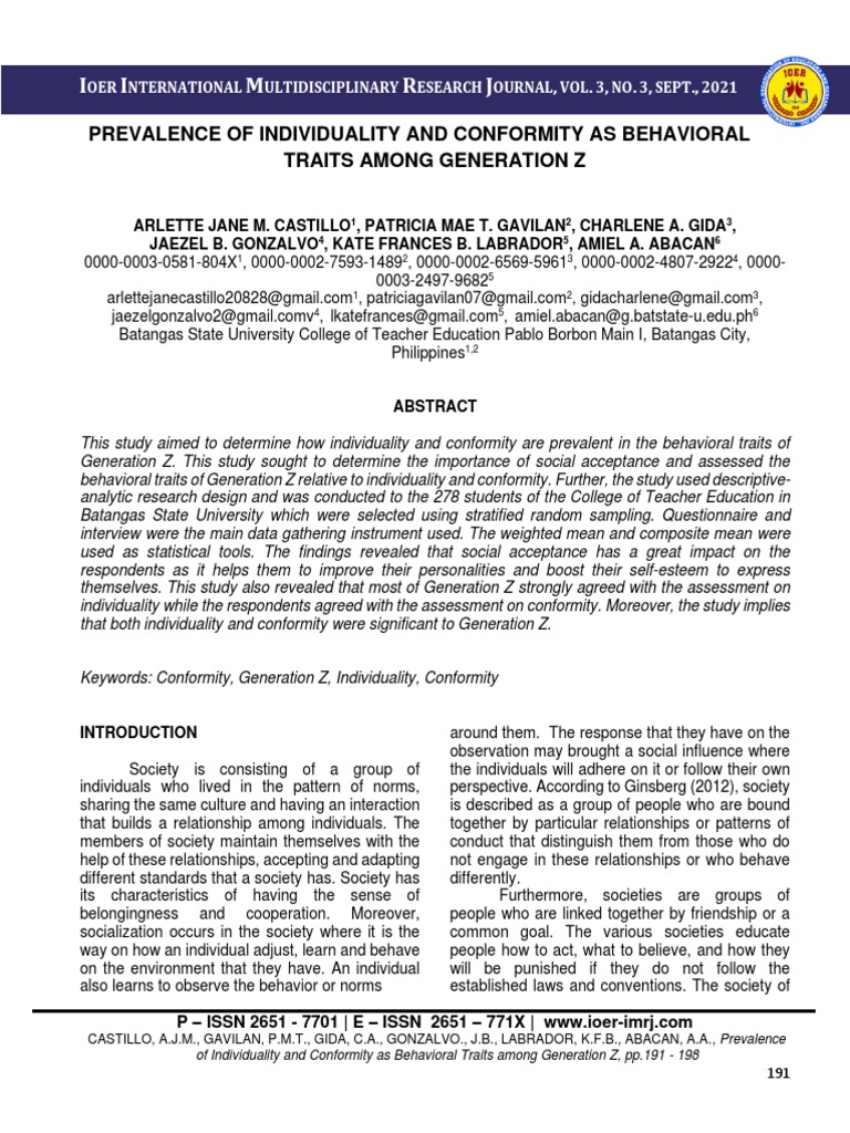 Prevalence of Individuality and Conformity As Behavioral Traits Among Generation Z | PDF ...