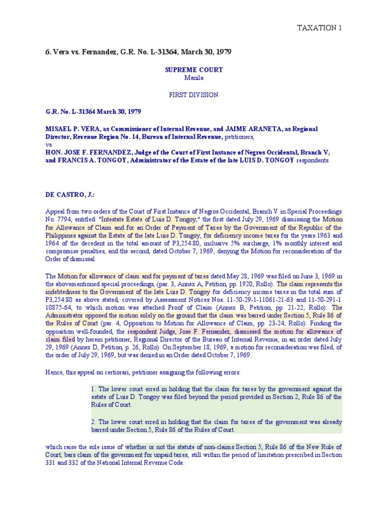 Vera vs. Fernandez, G.R. No. L-31364, March 30, 1979 (FULL CASE) | PDF ...