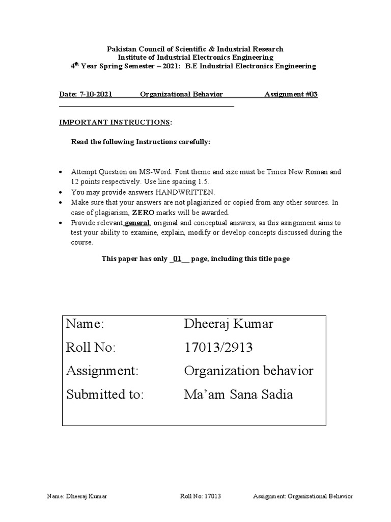 Organization Behavior Assignment | PDF | Organizational Behavior | Psychology