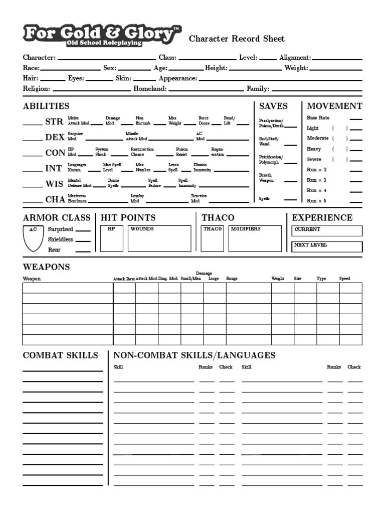 For Gold & Glory Character Sheet (Form Fillable) | PDF | Role Playing Games