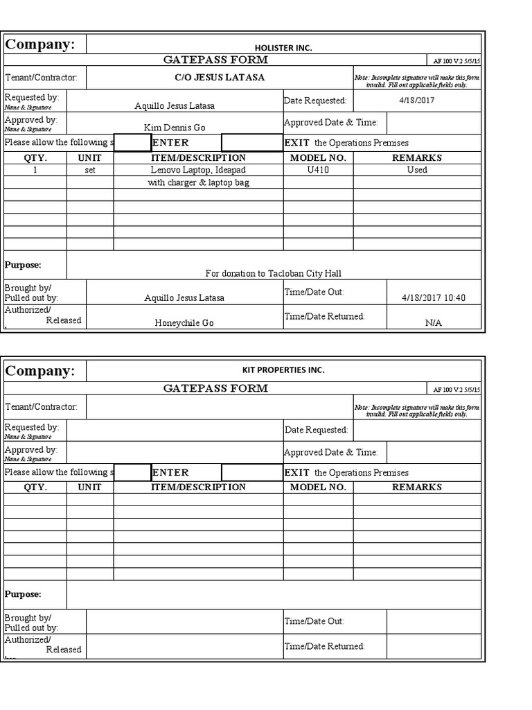 Gate Pass Form | PDF | Equipment | Tools