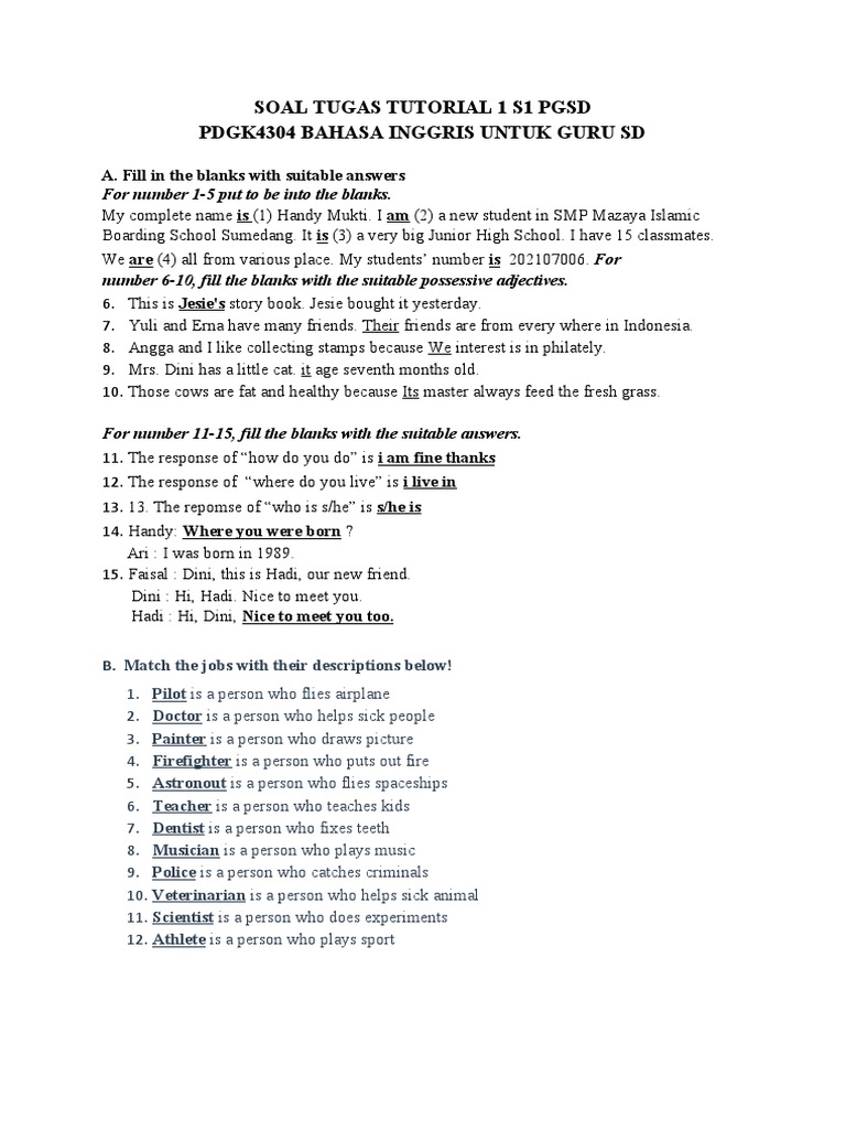 Soal Tugas Tutorial 1 S1 PGSD Pdgk4304 Bahasa Inggris Untuk Guru SD | PDF